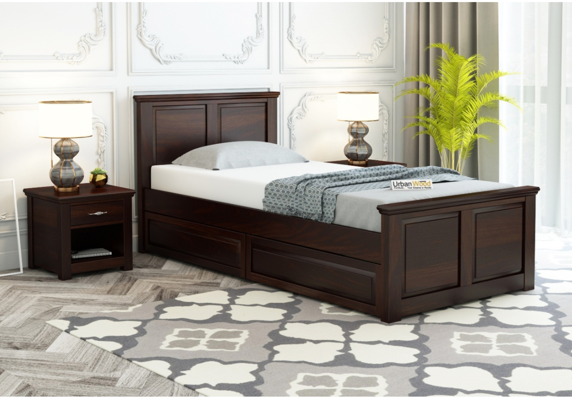 Buy Babson Single Bed With Storage (Walnut Finish) Online : Urbanwood