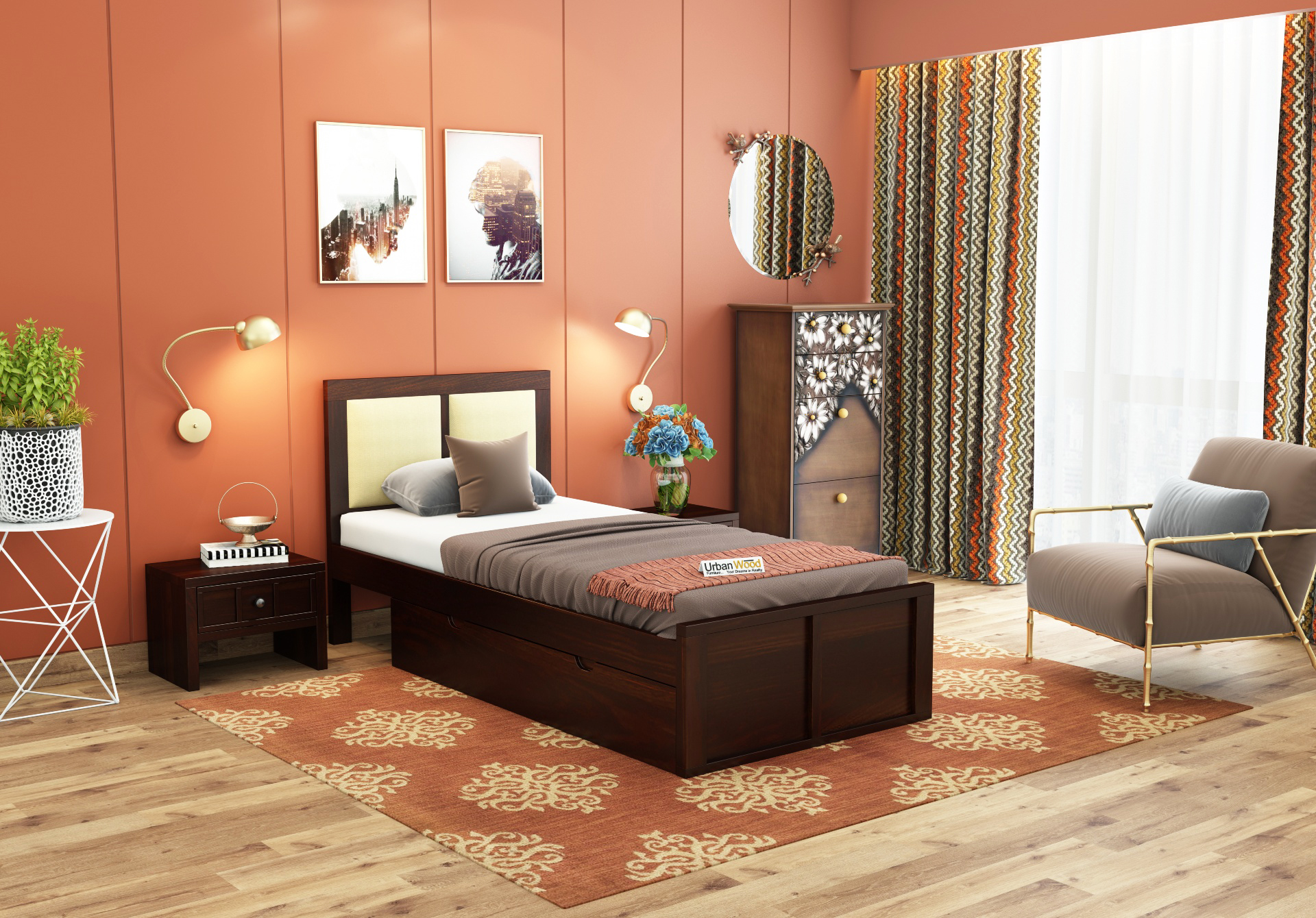 Single Bed: Buy Harris Single Bed With Storage (Walnut Finish) Online ...