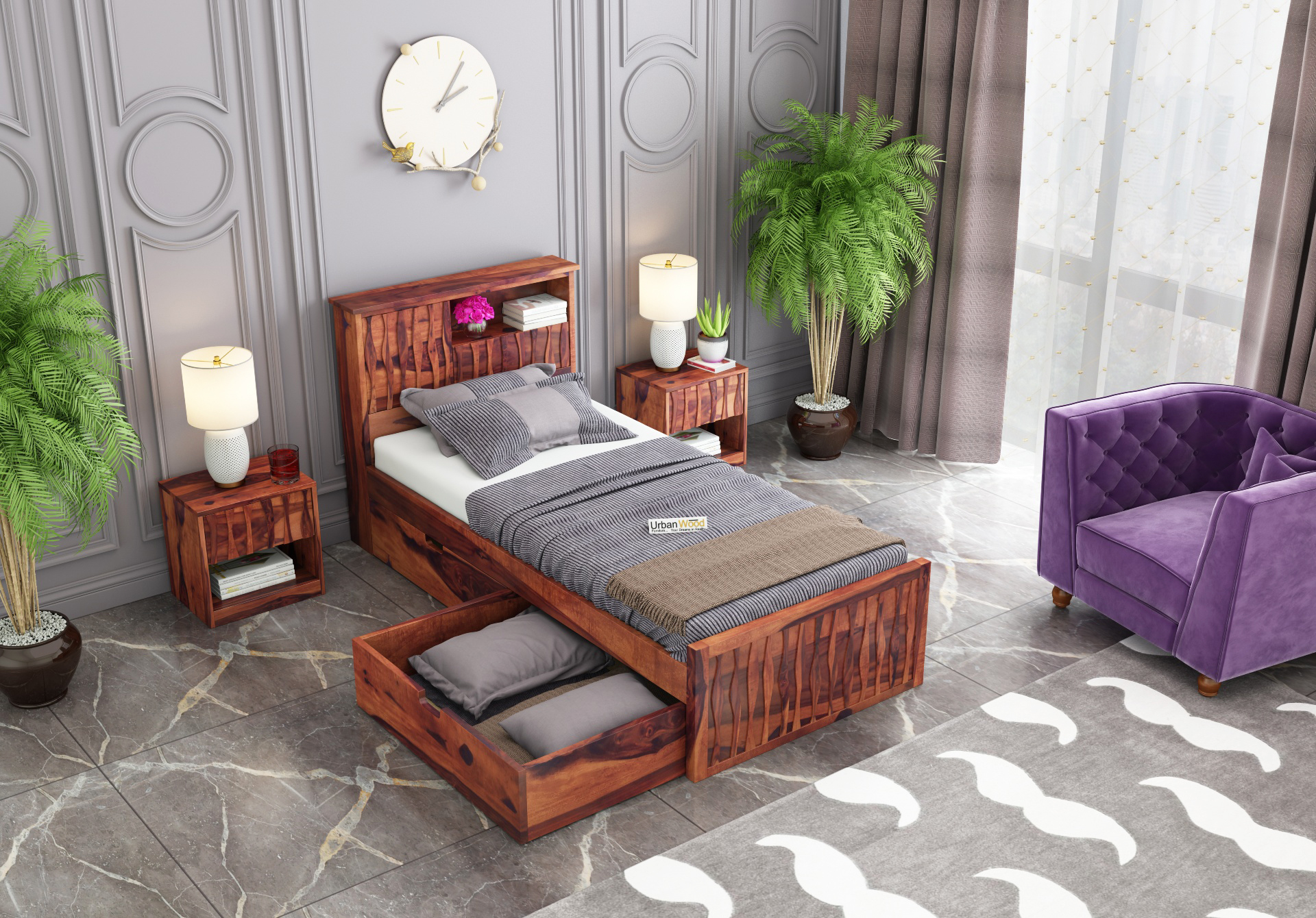 Single Beds: Buy Stack Single Bed With Storage (Teak Finish) Online ...