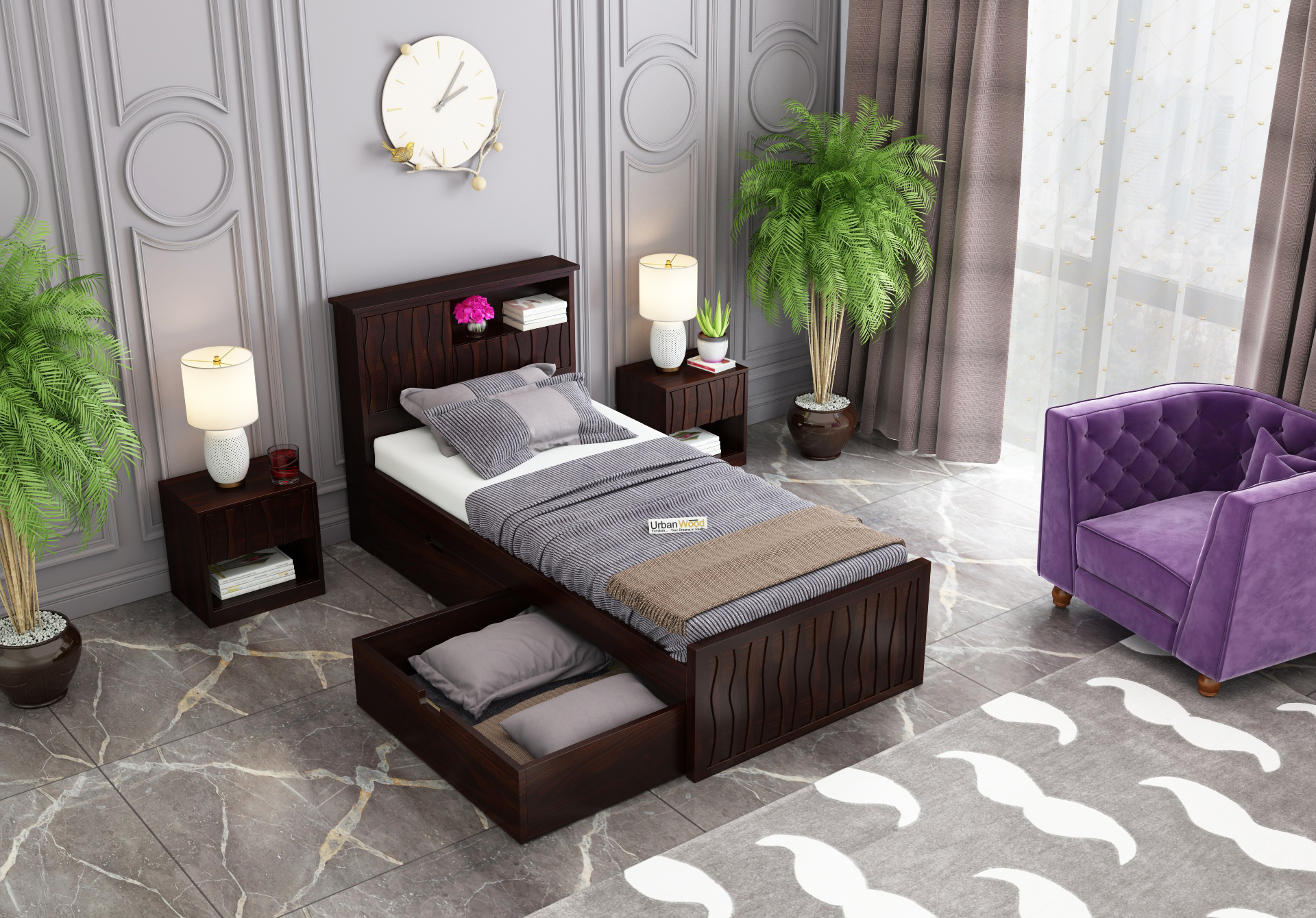 Single Bed: Buy Stack Single Bed With Storage (Walnut Finish) Online ...